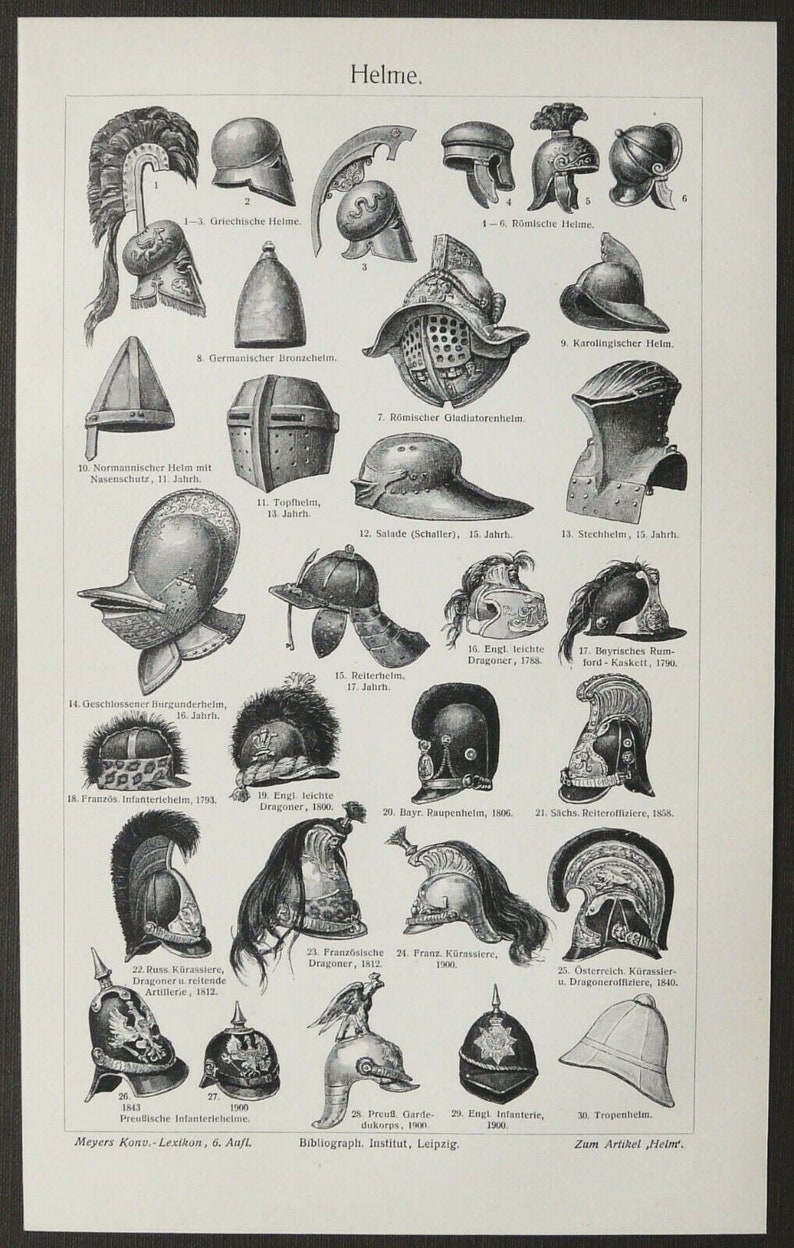 1897 Antique Print of HELMETS, Different Types. Ancient Helmets ...