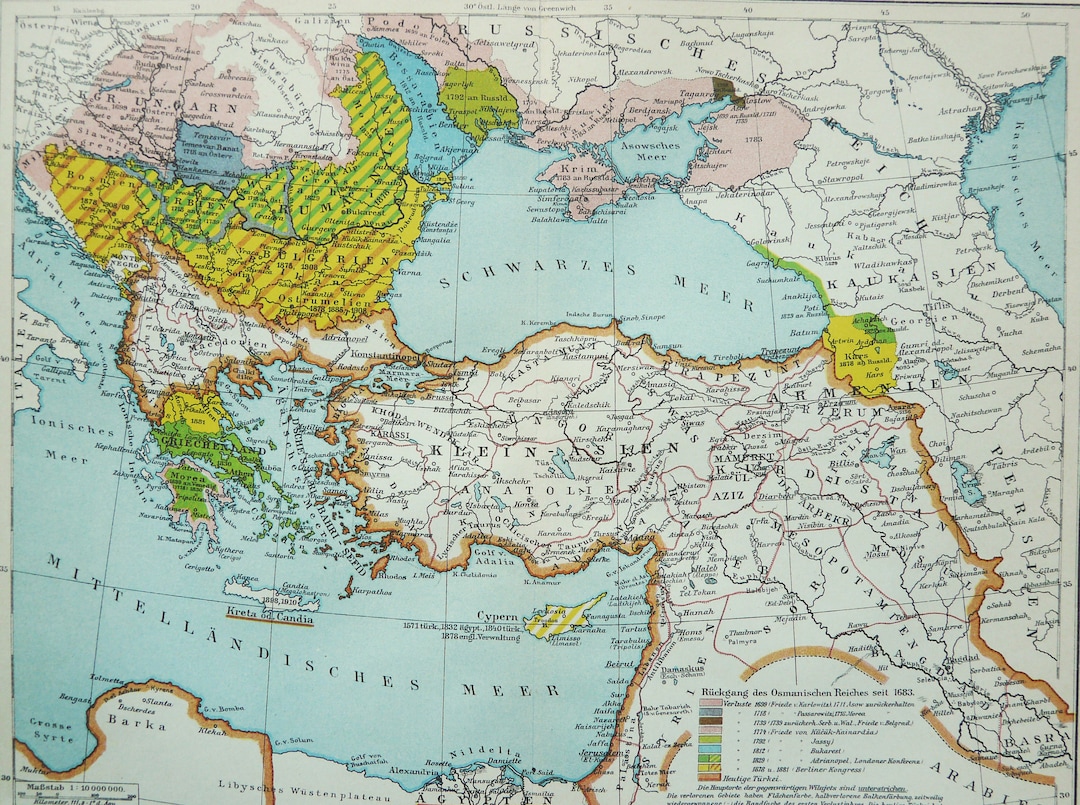 1895 Antique Historical Map of THE OTTOMAN EMPIRE. Turkish Empire ...