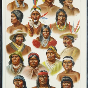 1897 Antique Lithograph of NATIVE AMERICANS TYPES. American Indian ...