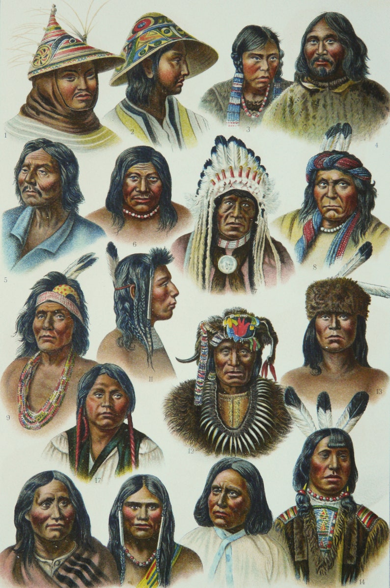 1897 Antique Lithograph of NATIVE AMERICANS TYPES. American - Etsy