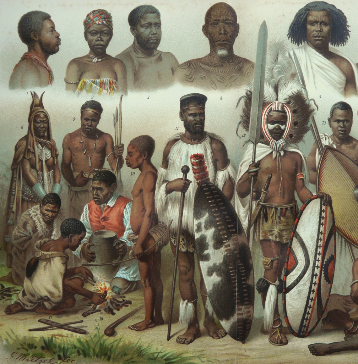 1895 Antique Lithograph of AFRICAN PEOPLE. African Tribes. People From ...