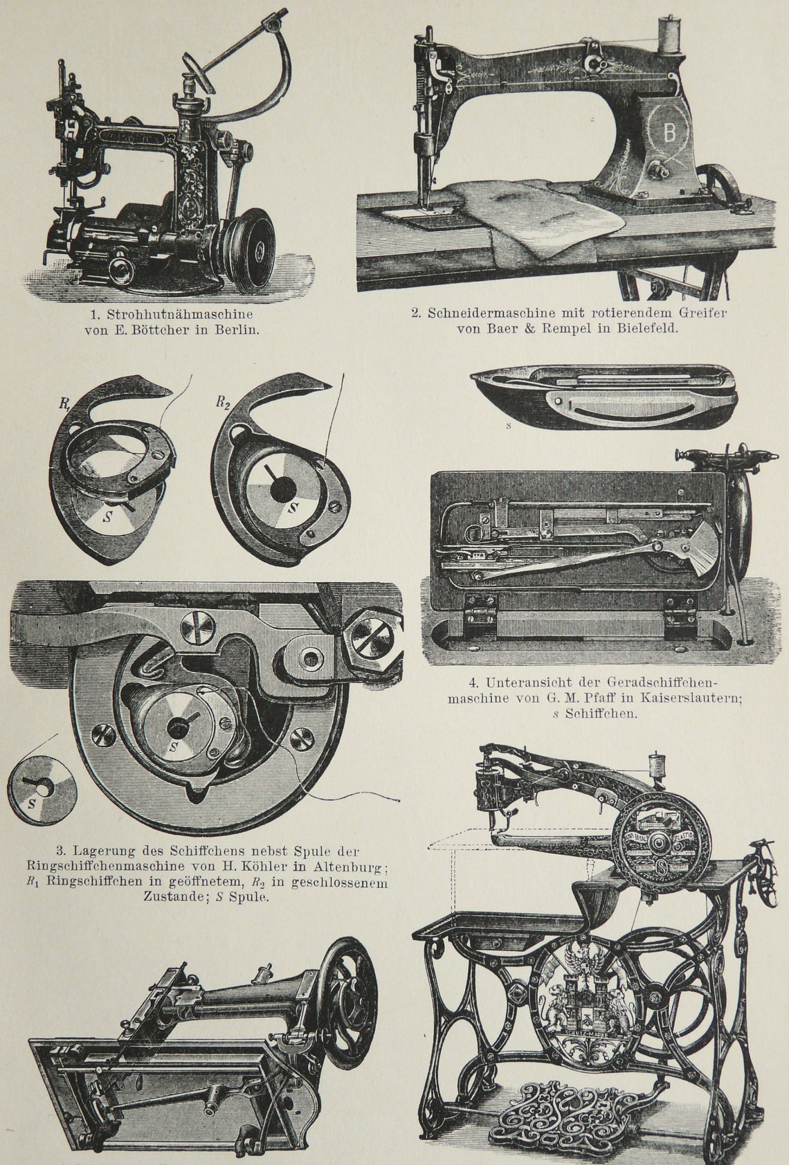 1895 Antique Print of SEWING MACHINES, Different Types. 129 Years Old ...