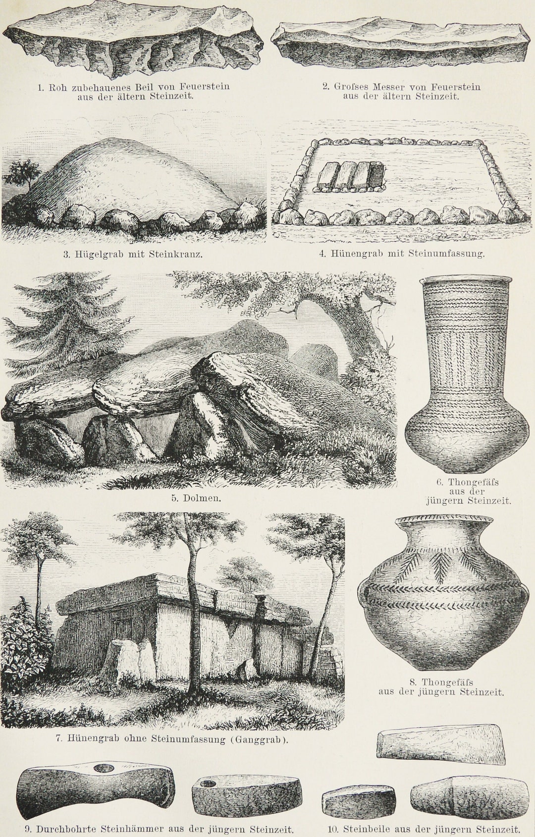 1895 Antique Print of BRONZE, STONE AGE Weapons and Tools. Megalithic ...