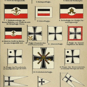 1895 Antique Lithograph of GERMAN HISTORIC FLAGS. Flags of German ...