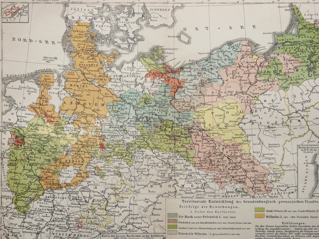1895 Antique Historical Map of PRUSSIA. GERMAN EMPIRE. Germany. 131 ...