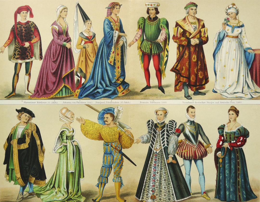 1897 Antique Lithograph of ANCIENT FASHION From Middle Ages and ...