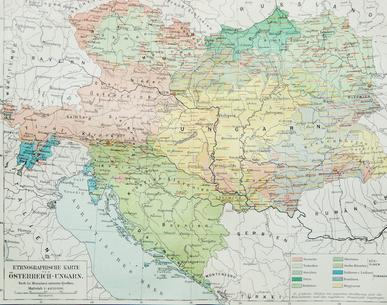1897 Antique Ethnographic Map of AUSTRIA HUNGARY. Different Nationalities of the Austro ...