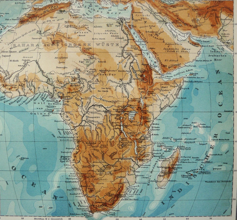 1895 Antique Physical Map of AFRICA, Rivers and Mountains. Geology ...