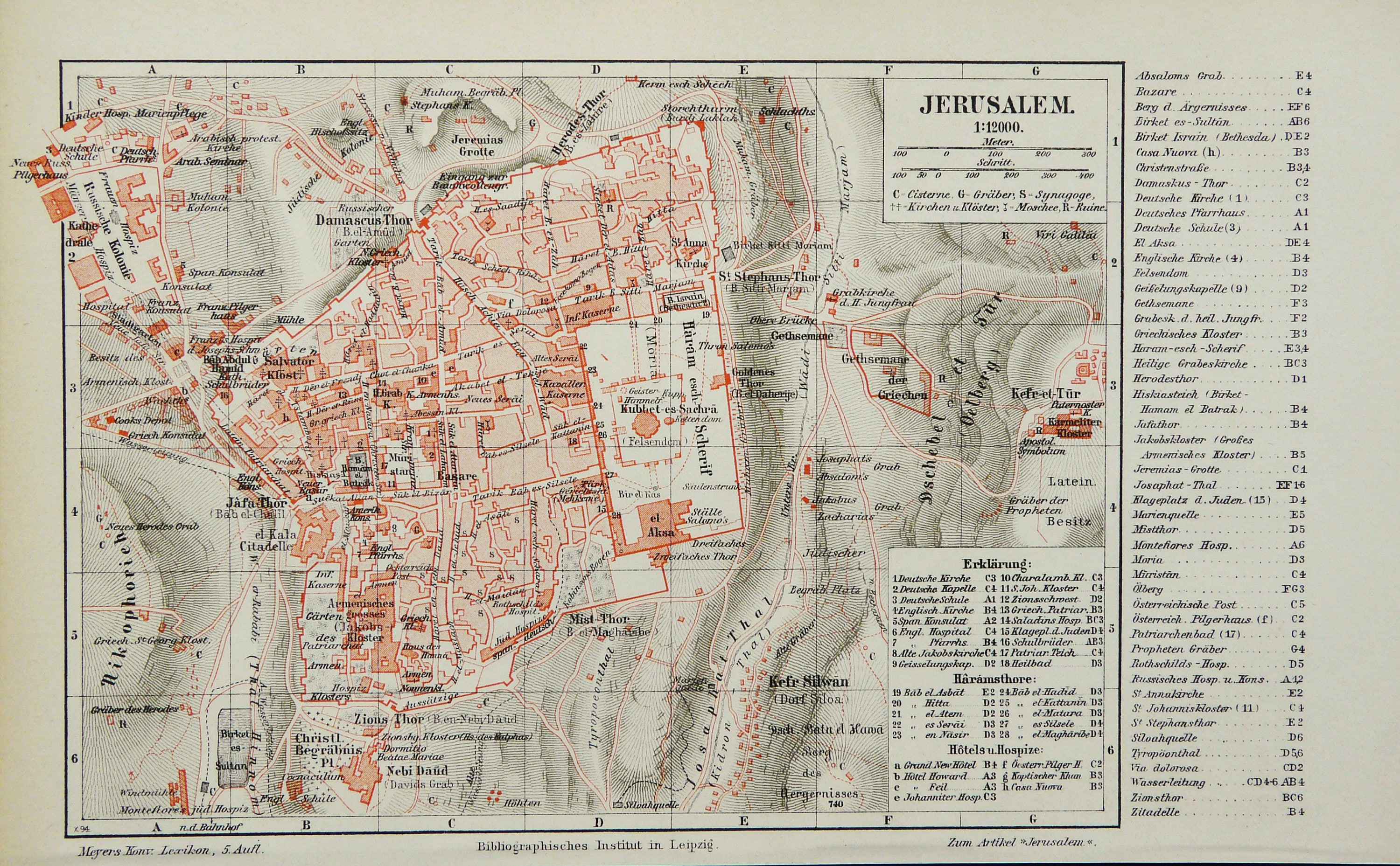 1897 Antique City Map of JERUSALEM. ISRAEL. PALESTINE. Holly Land. 127 ...