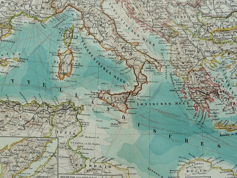 1897 Antique Map of THE MEDITERRANEAN SEA With Shipping Routes. Italy ...