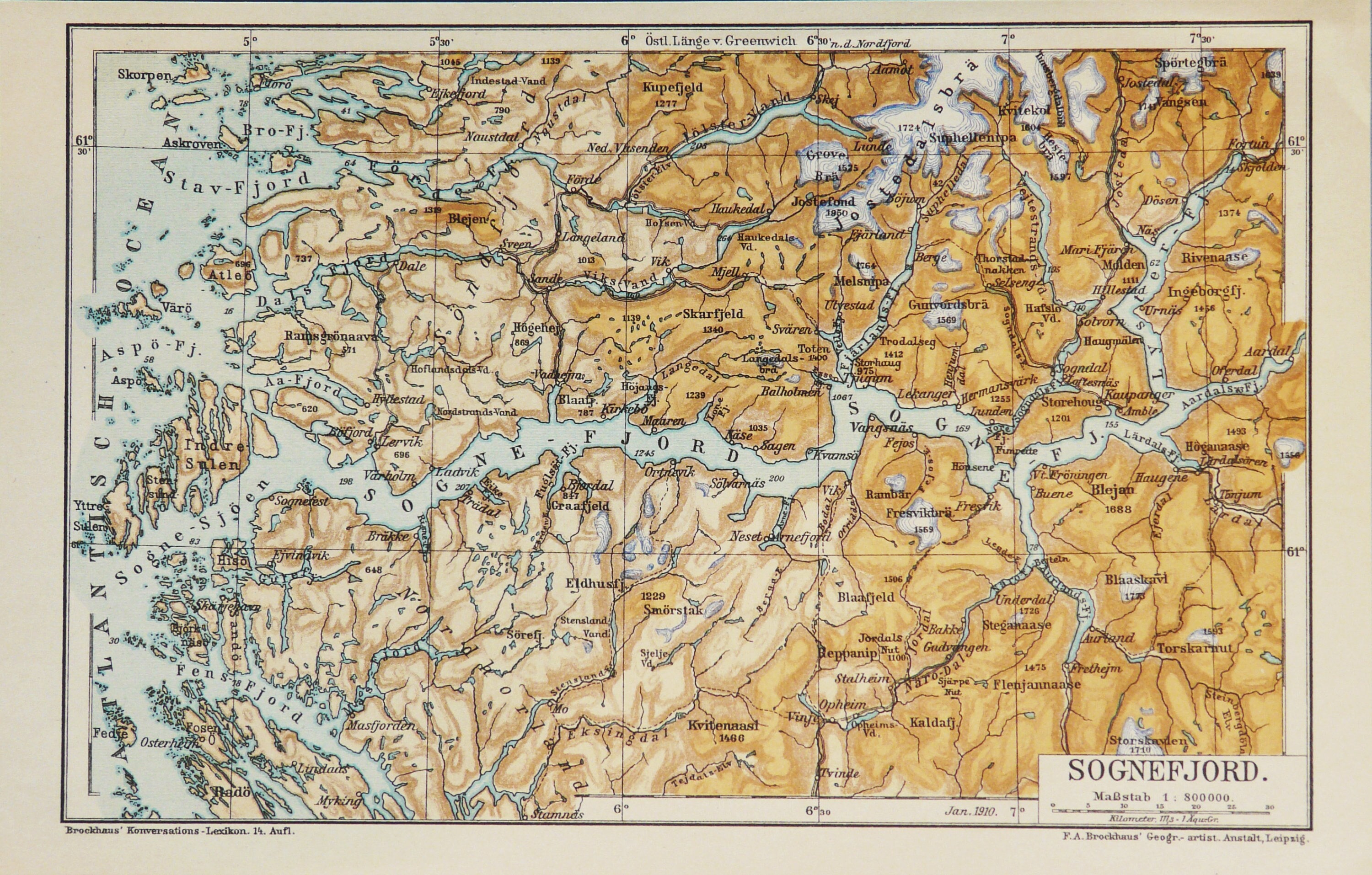 1910 Antique Map of SOGNEFJORD, NORWAY. Fjord. Fjords. 114 Years Old ...