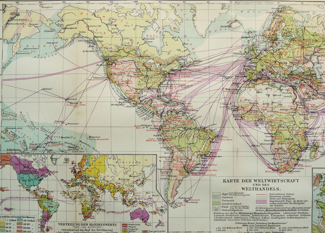 1897 Antique World Map of SHIPPING ROUTES in Late 19th Century, Early ...