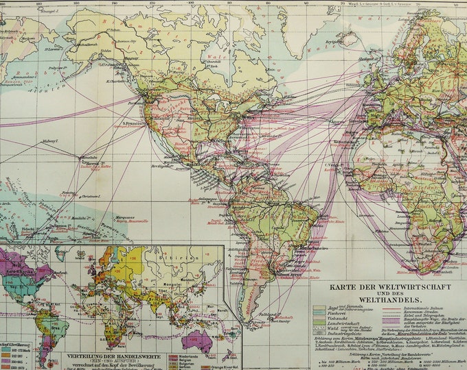 1897 Antique World Map of SHIPPING ROUTES in Late 19th Century, Early ...