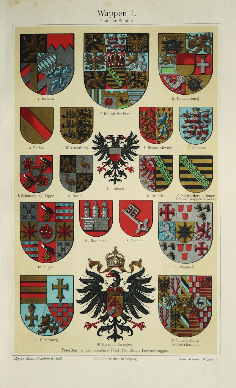 1897 Antique Lithograph of GERMAN EMPIRE ESCUTCHEONS. Heraldic Shields ...