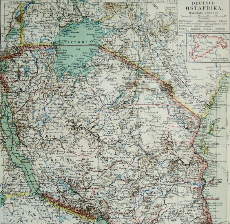1897 Antique Map of GERMAN EAST AFRICA. Tanzania. Burundi. Rwanda ...