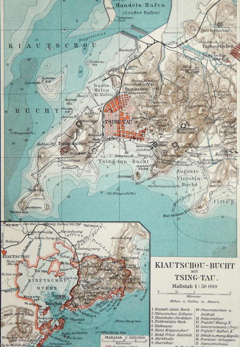1897 Antique Map of the GERMAN COLONY of TSINGTAO. Qingdao. China ...