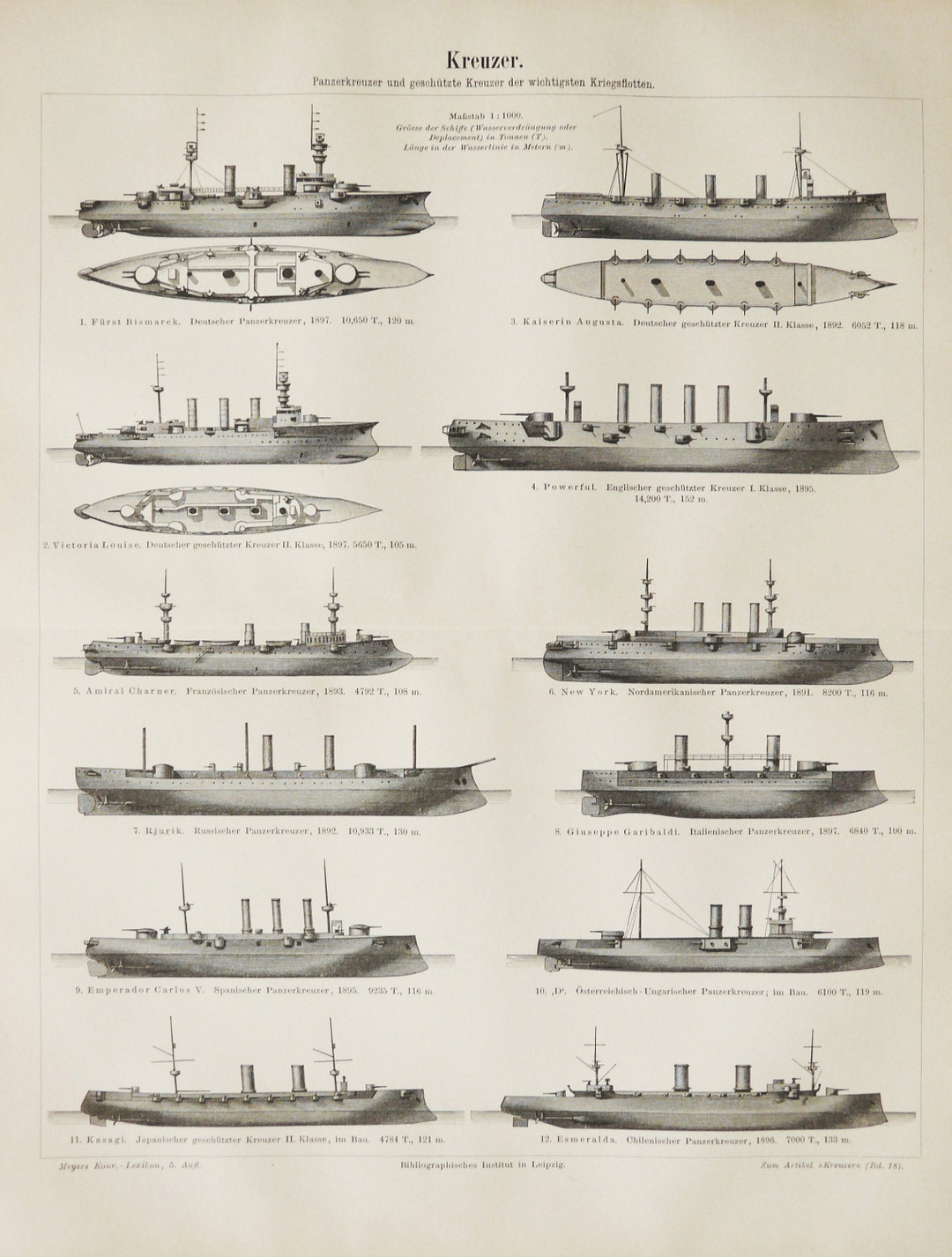 1900 Antique Print of ANCIENT WARSHIPS. CRUISERS. Pre-dreadnoughts ...