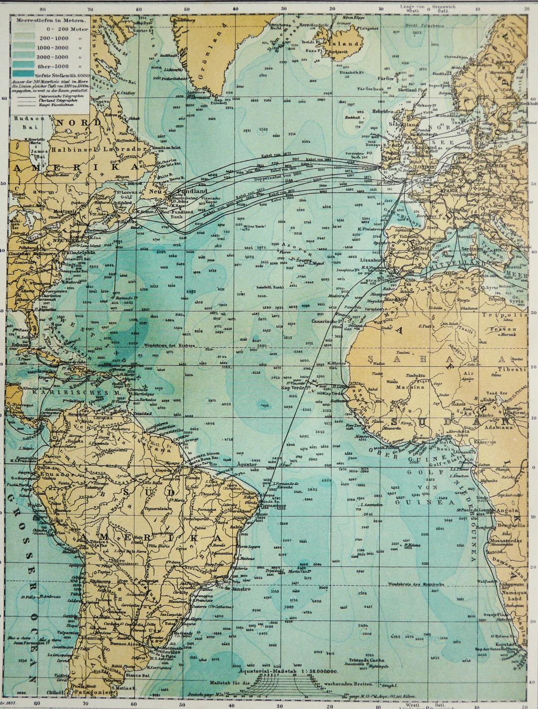 1895 Antique Map of THE ATLANTIC OCEAN. Navigation. 129 Years Old Chart ...