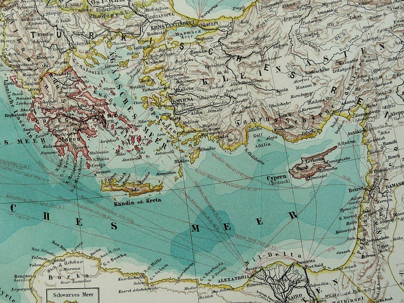 1897 Antique Map of THE MEDITERRANEAN SEA With Shipping Routes. Italy ...