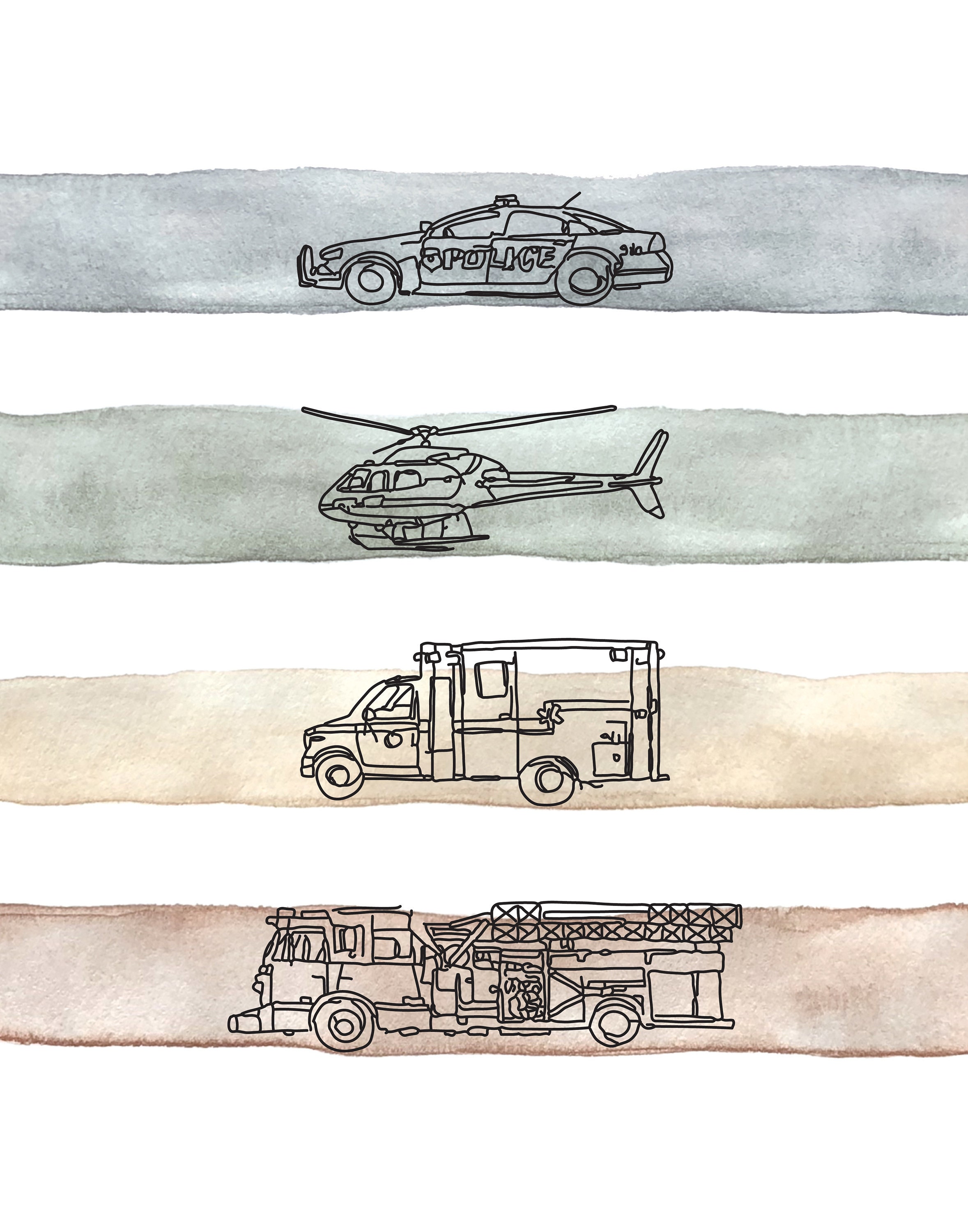 Emergency Vehicles Contour Line Drawing Watercolour Digital Art Print ...