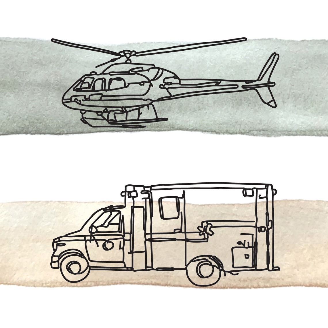 Emergency Vehicles Contour Line Drawing Watercolour Digital Art Print ...