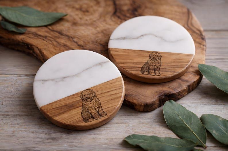 Old English Sheepdog Coaster, Acacia Wood Marble Dog Lover Gift - Etsy