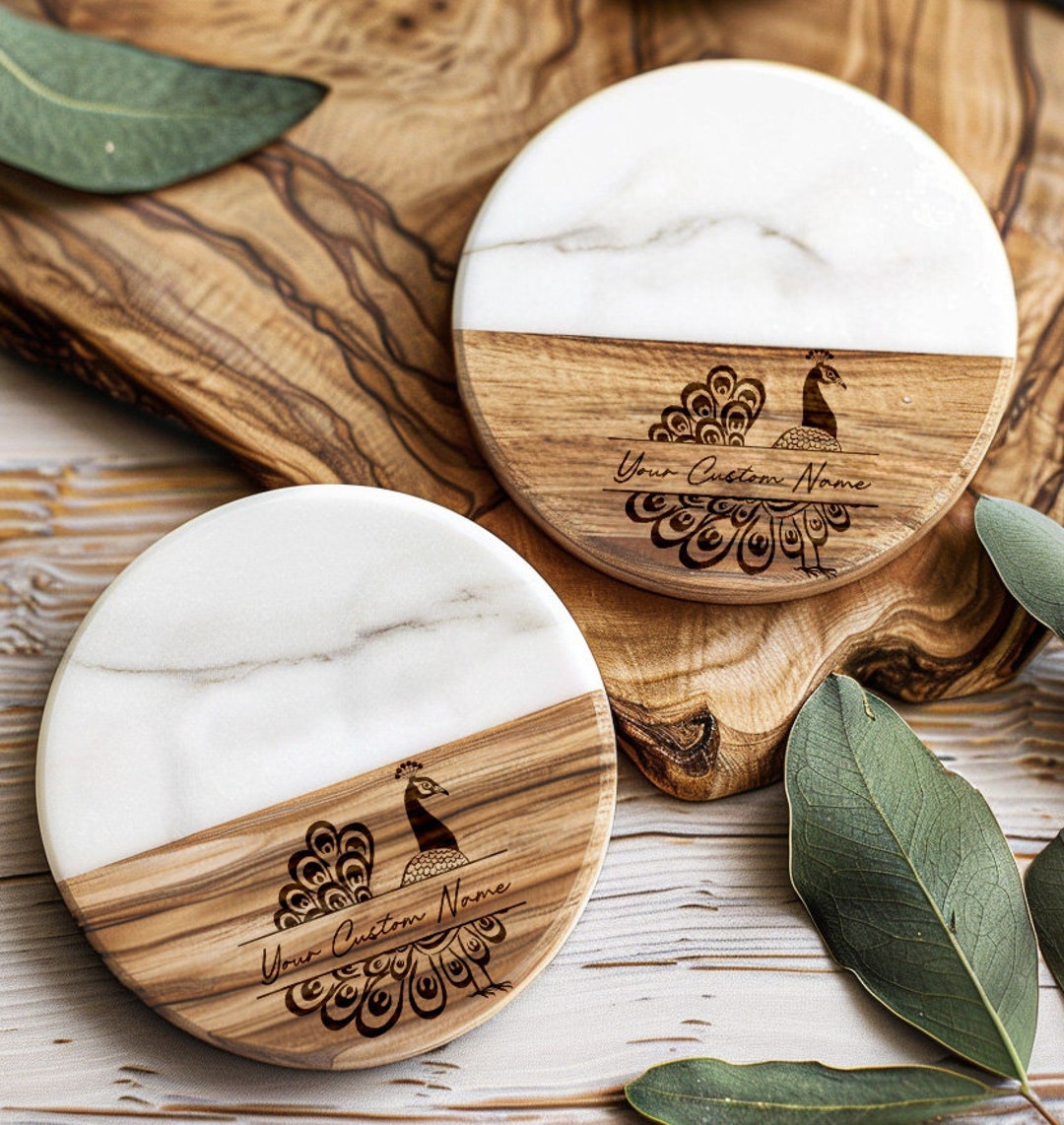 Traditional Indian Peacock Coaster, Marble Coaster, Acacia Wood Coaster ...