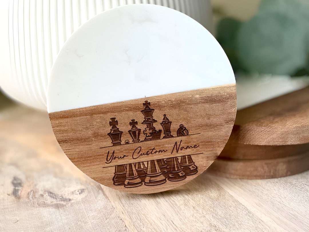 Marble and Acacia Wood Chess Pieces Coaster Set, Durable Coasters ...