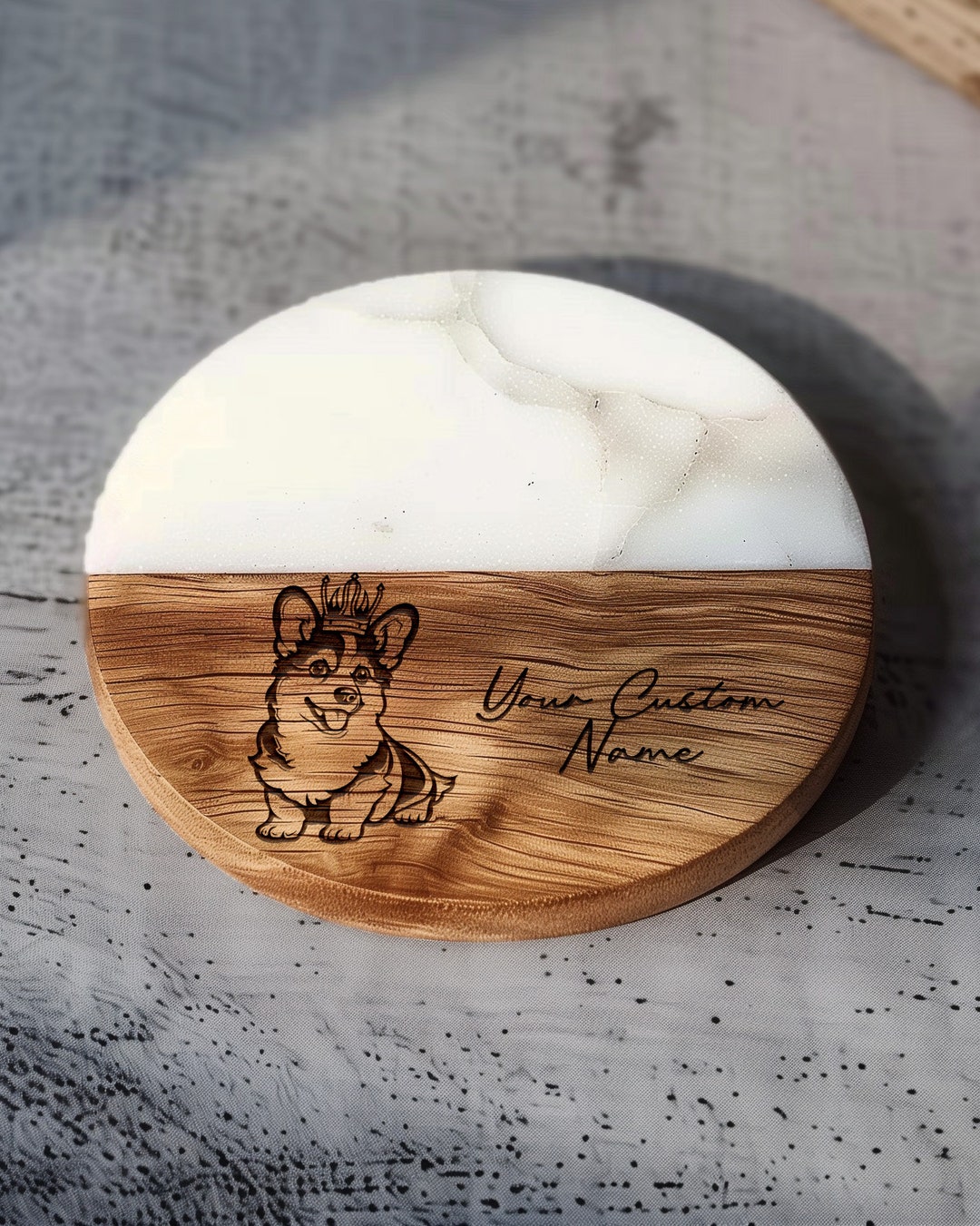 Marble & Acacia Wood Coaster, Corgi Wearing Crown, Elegant Drink ...
