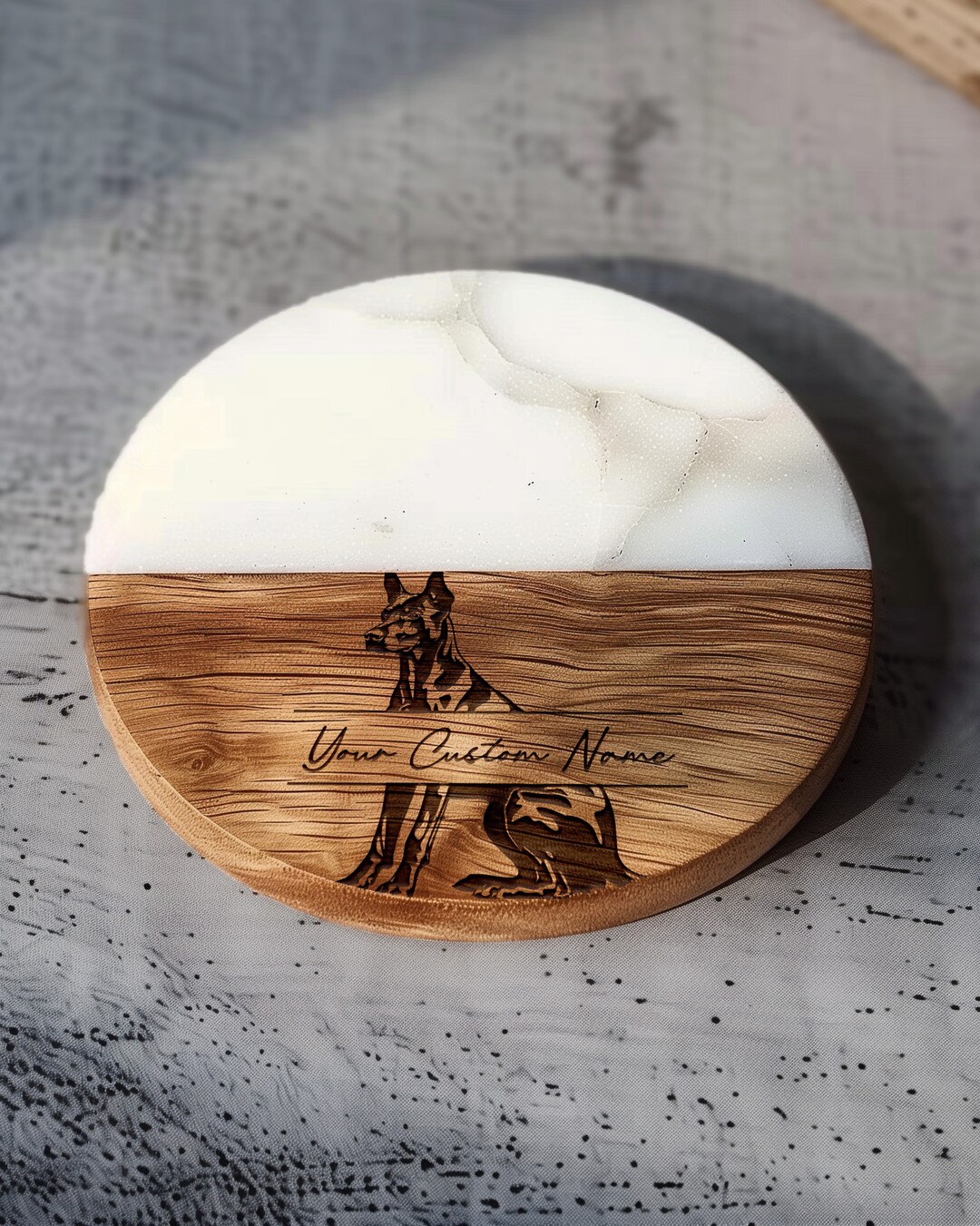 Doberman Pinscher Coaster, Marble Acacia Wood, Protective Pose, Dog ...