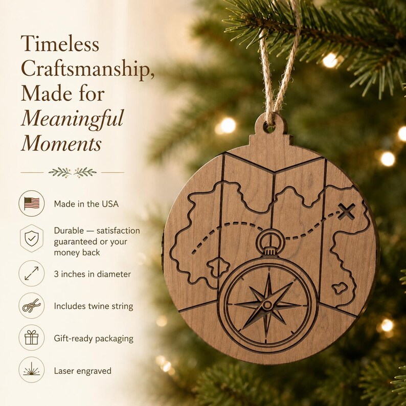 Compass and Map Wooden Ornament, Adventure Traveler Keepsake, Hiking ...