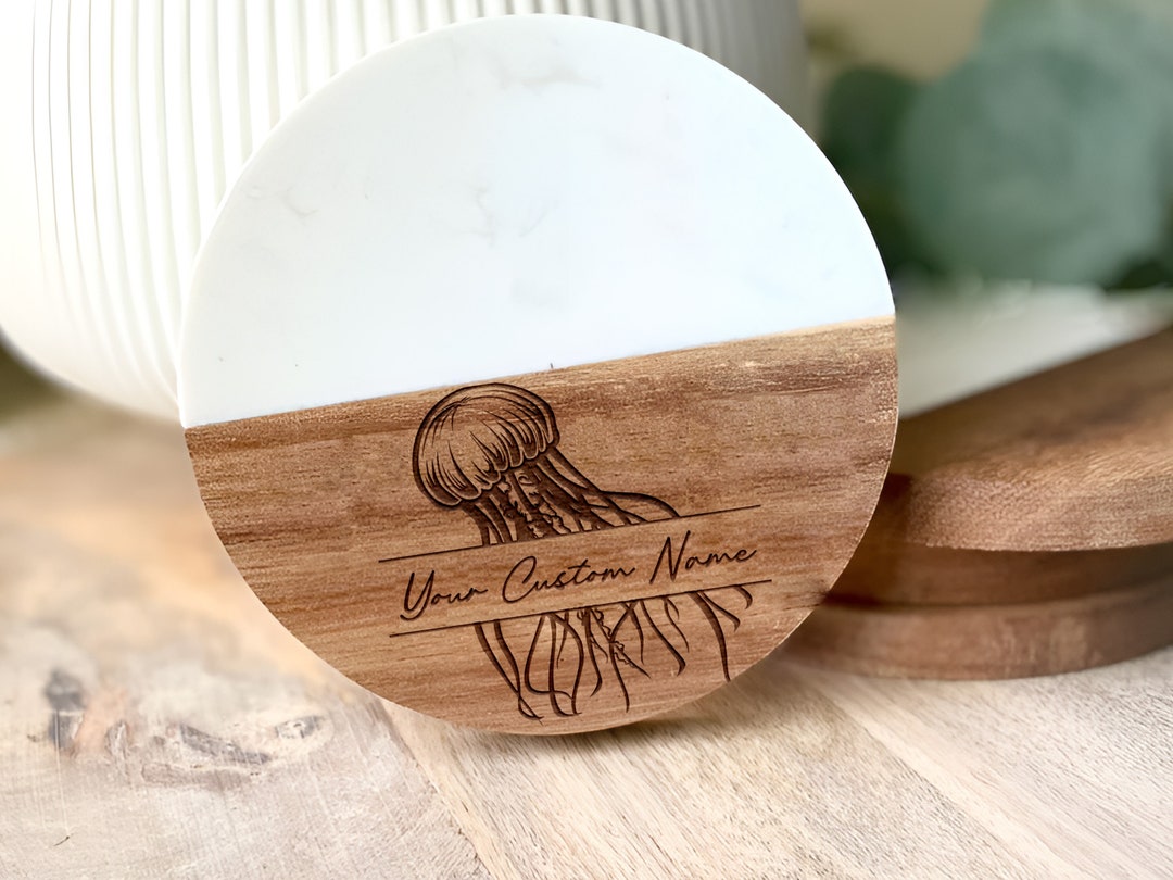 Jellyfish Floating Coaster, Marble Coaster, Acacia Wood Coaster, Unique ...