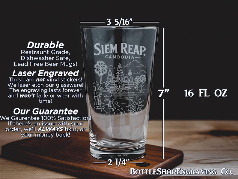 Siem Reap Cambodia Pint Glass, Angkor Wat Temple Souvenir Beer Glass ...