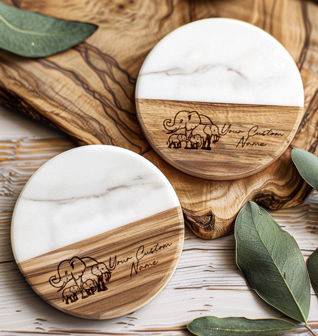 Elephant and Family Coaster, Marble Coaster, Acacia Wood Coaster, Drink ...