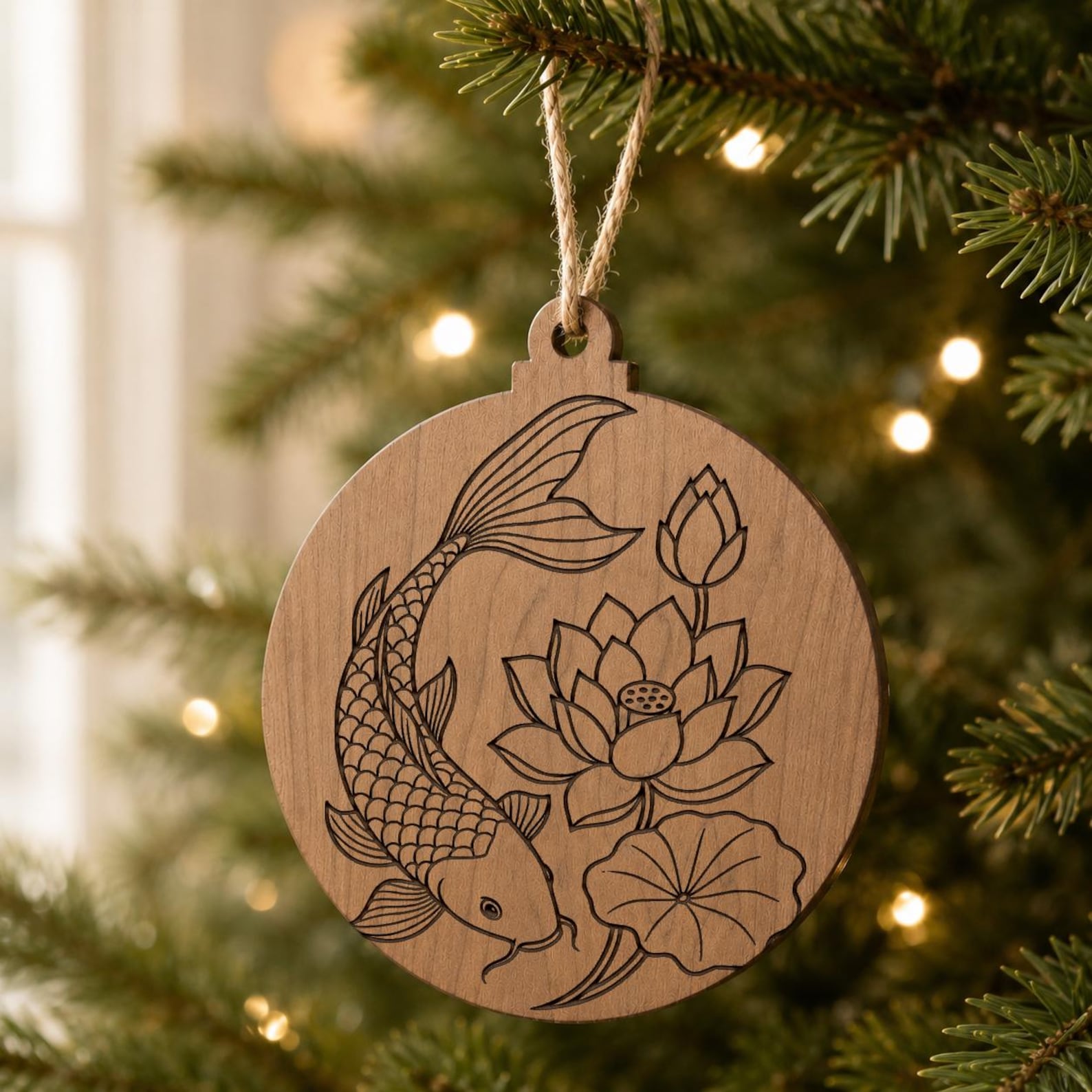 Koi Fish and Lotus Flower Wooden Ornament, Japanese Pond Theme Hanging ...