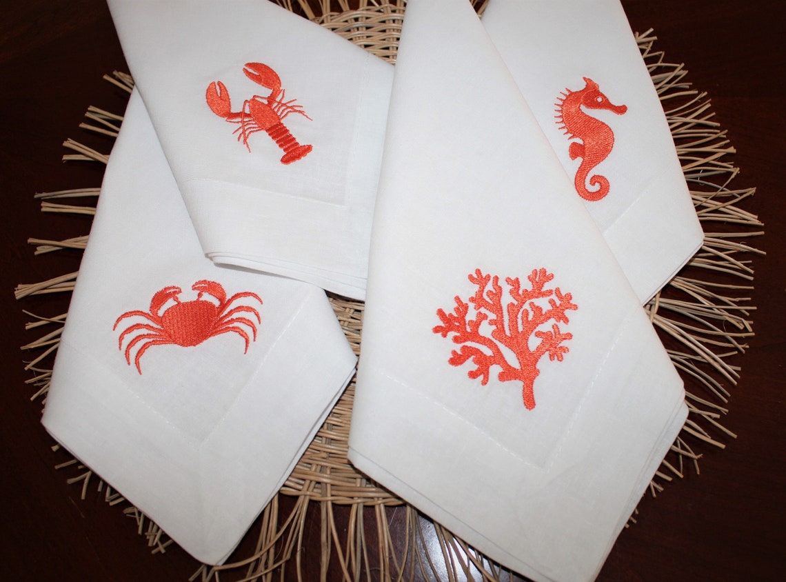 Linen Napkins Embroidered Set of 6, Linen Napkins, 100% Linen Table ...