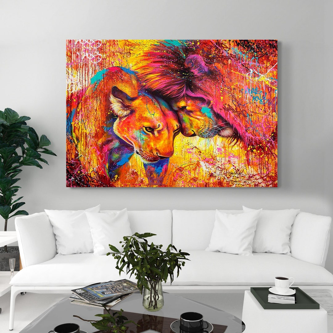Male and Female Lion Canvas, Colorful Abstract Lion Canvas, Digital ...