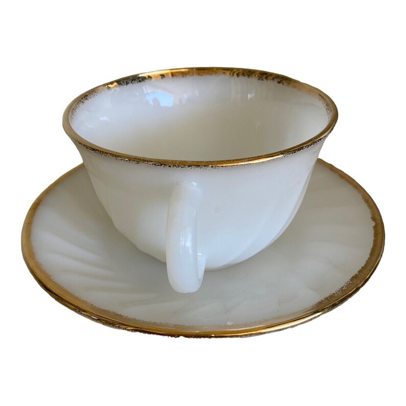 VTG Anchor Hocking FIRE-KING White Swirl Milk Glass Tea Cup Saucer Gold ...