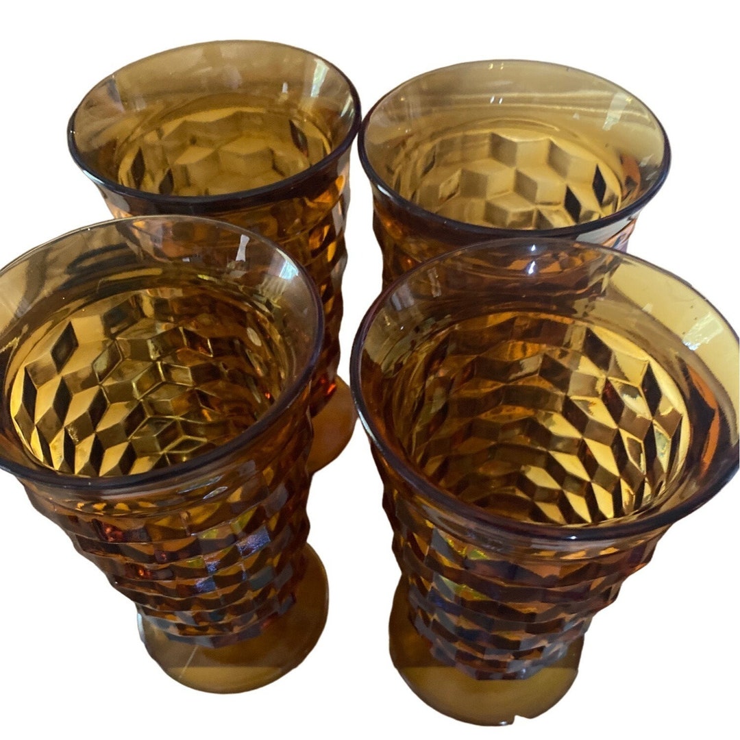 VTG Set of 4 Amber Gold Cubist Indiana Glass Whitehall Pattern MCM ...
