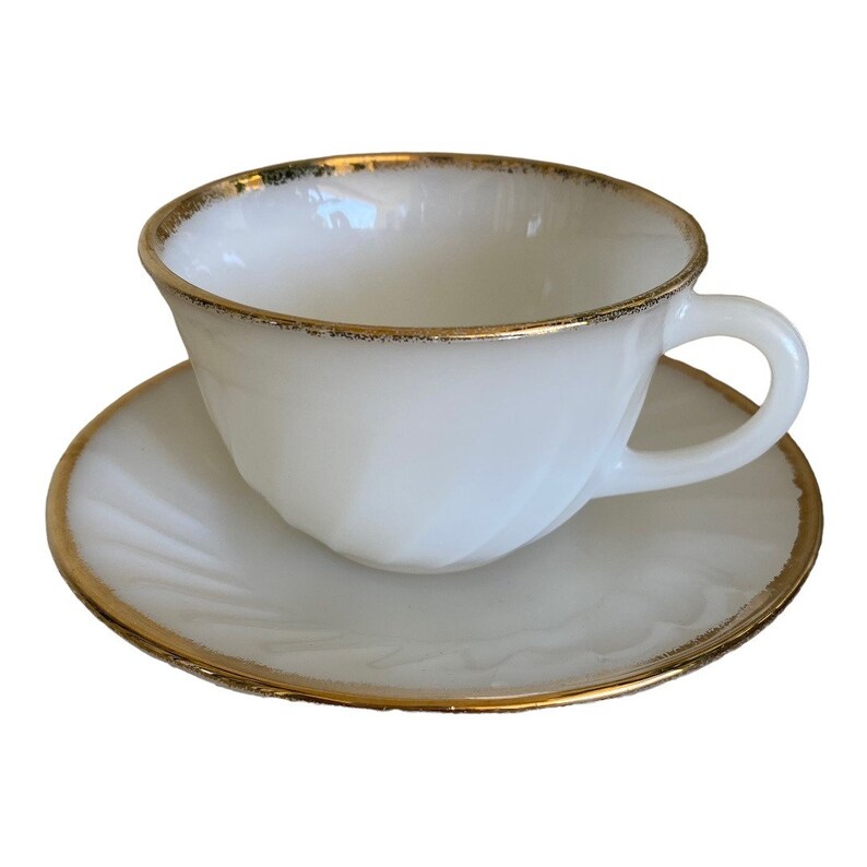 VTG Anchor Hocking FIRE-KING White Swirl Milk Glass Tea Cup Saucer Gold ...