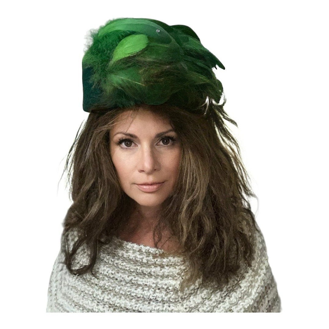 Vintage 50's Wool Pillbox Hat Green Goose Feathers & Rhinestones WPL ...