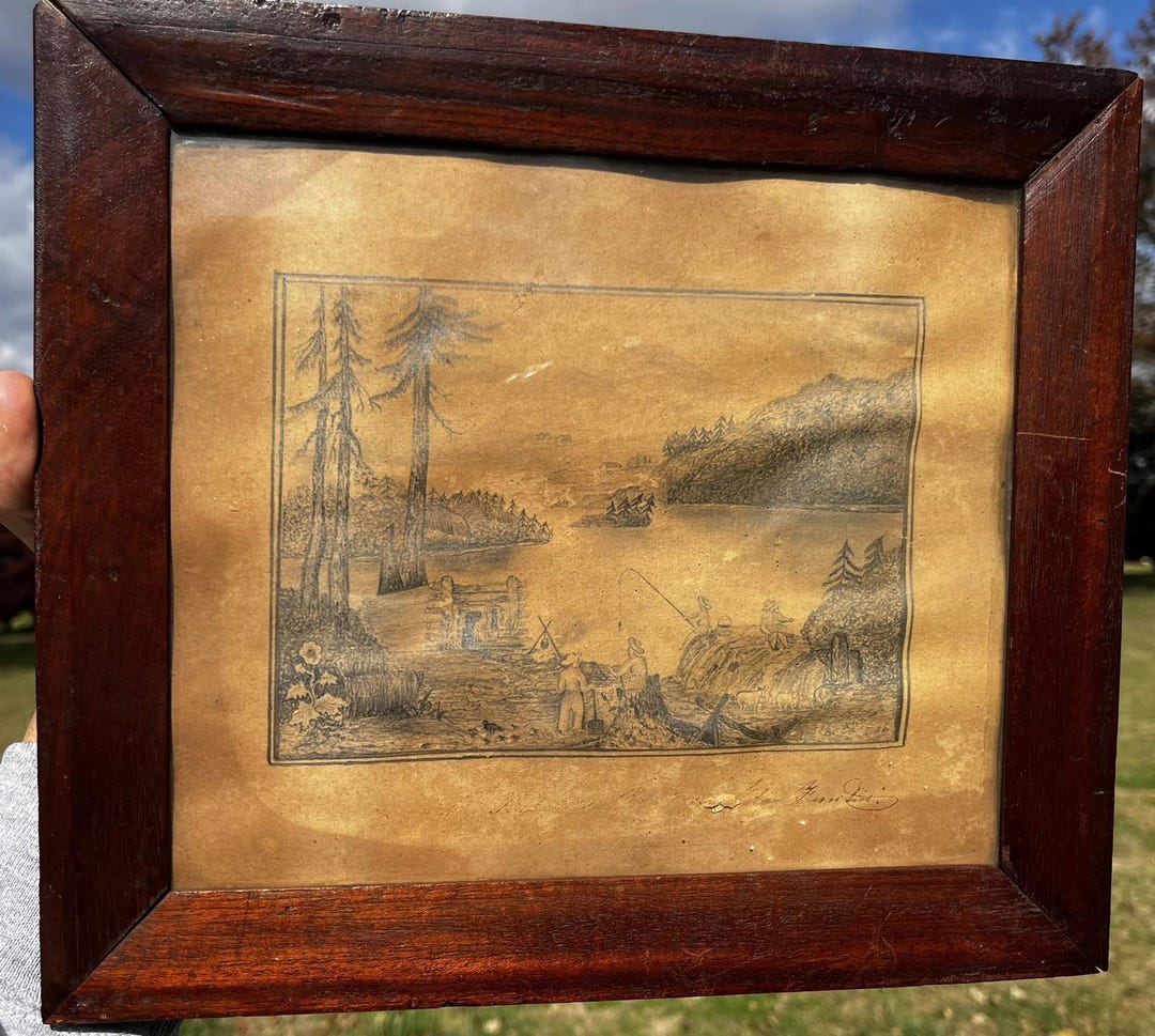 Antique Adirondack Landscape Drawing Original Primitive Folk Art Framed ...