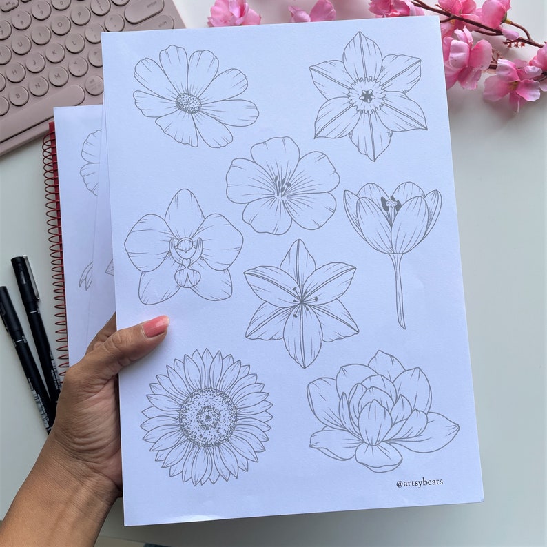Learn to Draw Flowers Tracing Guides Coloring Pages - Etsy
