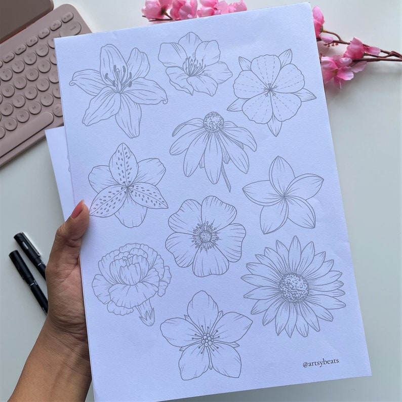 Learn to Draw Flowers Tracing Guides Coloring Pages - Etsy