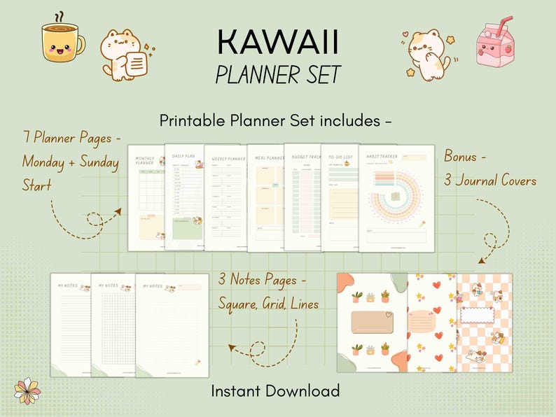 Kawaii Digital Planner Set : Daily, Weekly & Monthly Pages | Printable ...