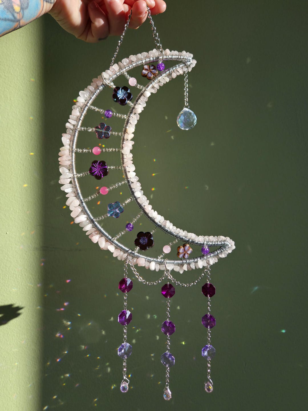 Rose Quartz Floral Moon Crystal Suncatcher - Etsy
