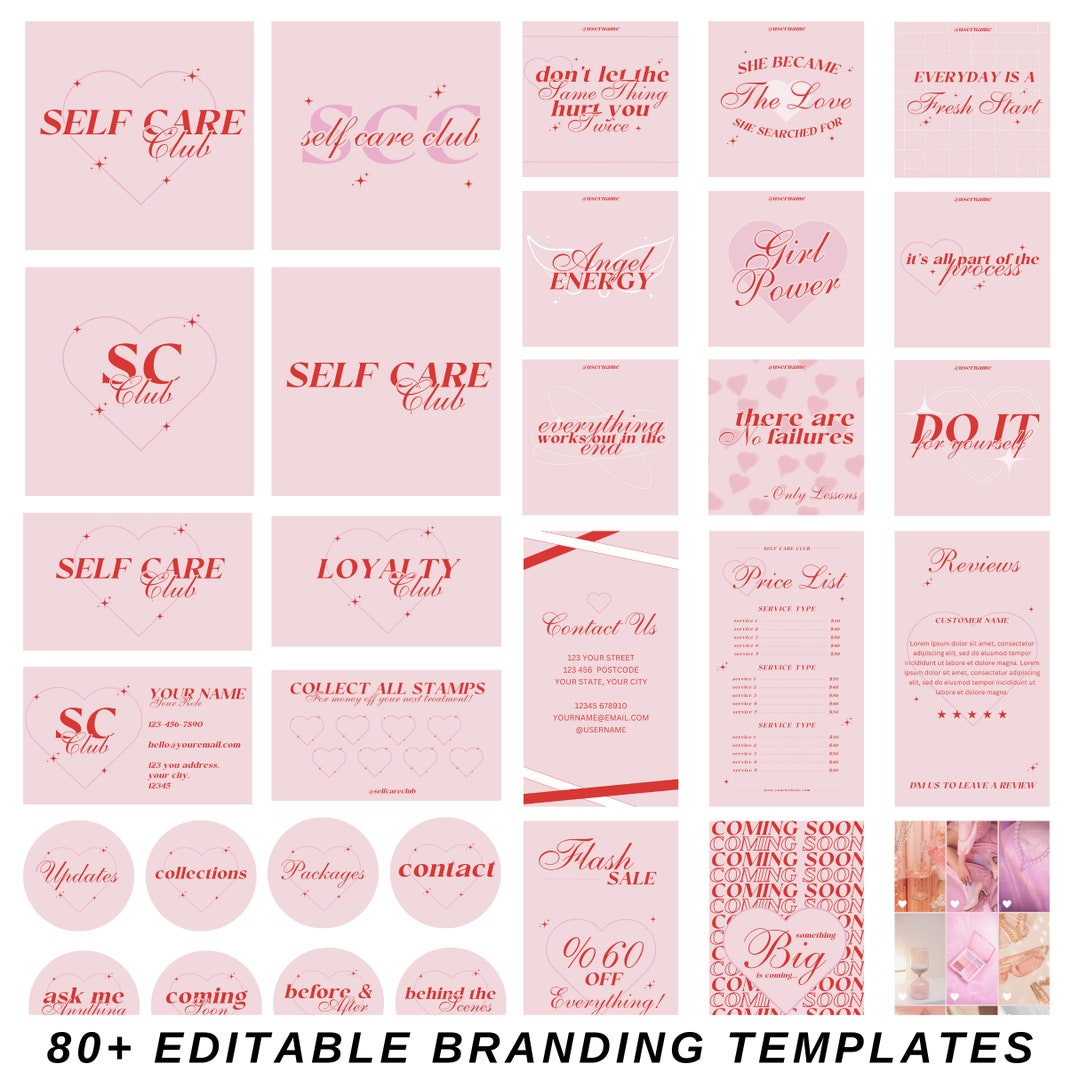 80 Fully Editable Soft Pink and Red Feminine Canva Templates for Small ...