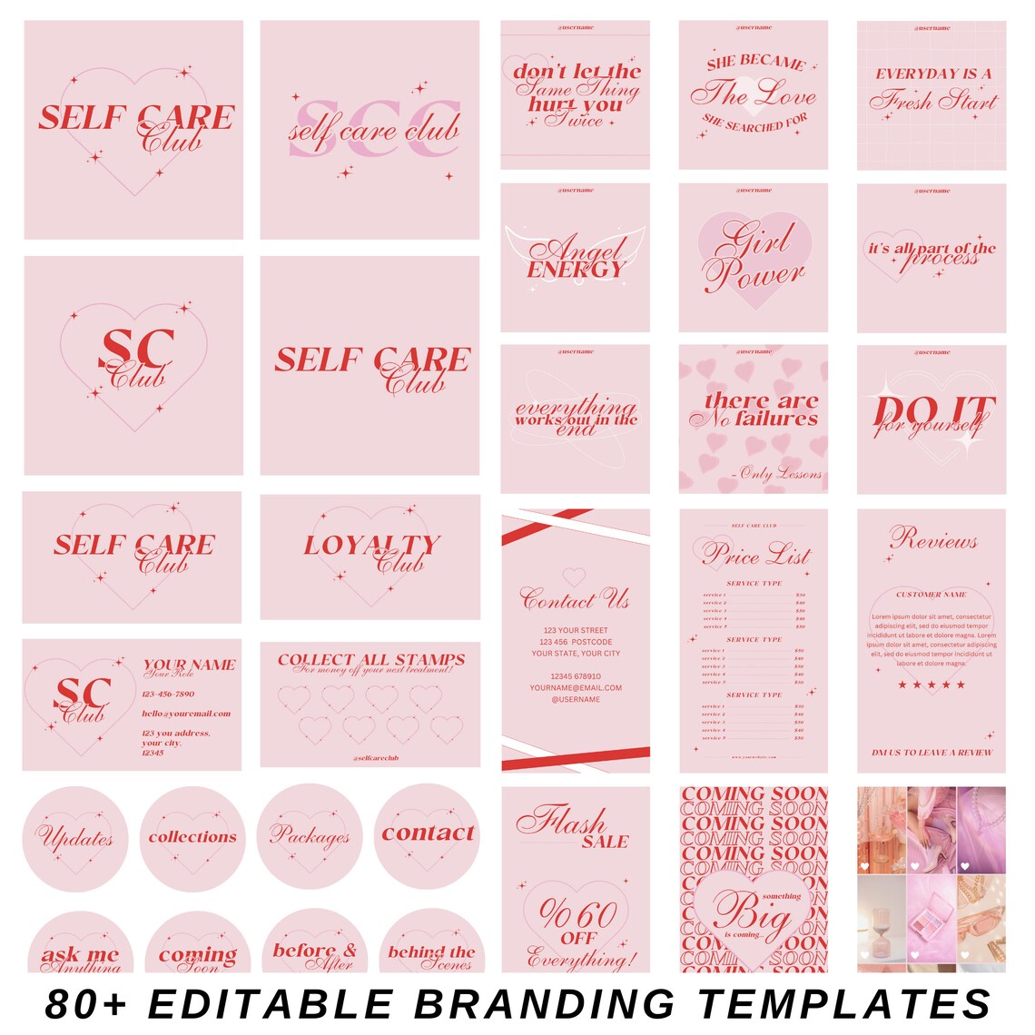 80 Fully Editable Soft Pink and Red Feminine Canva Templates for Small ...