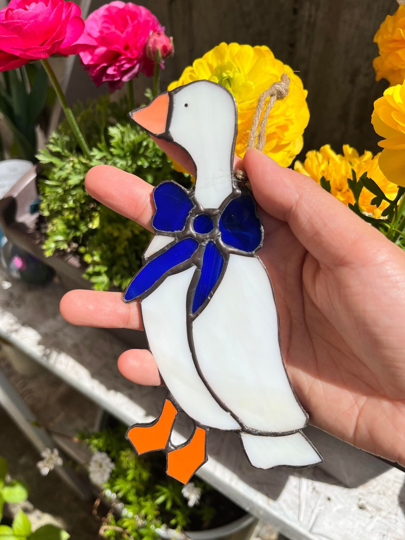Blue Ribbon Stained Glass Goose Suncatcher Window Hanging - Etsy