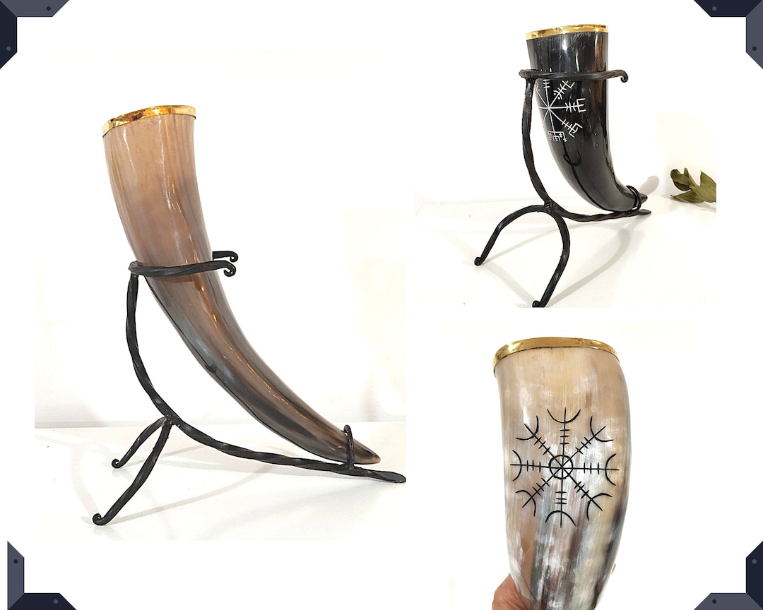 Viking Drinking Horn Cup With Iron Stand - Brass Rim Made Horn Mug ...